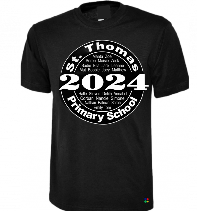 School Leavers T-shirt with Names, Year within a Circle – Makz